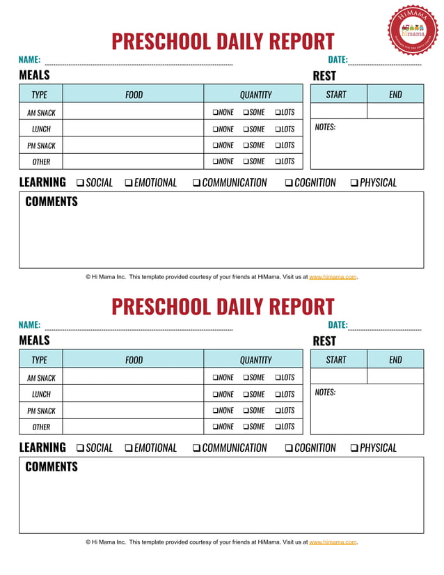 Preschool Daily Sheet | PDF