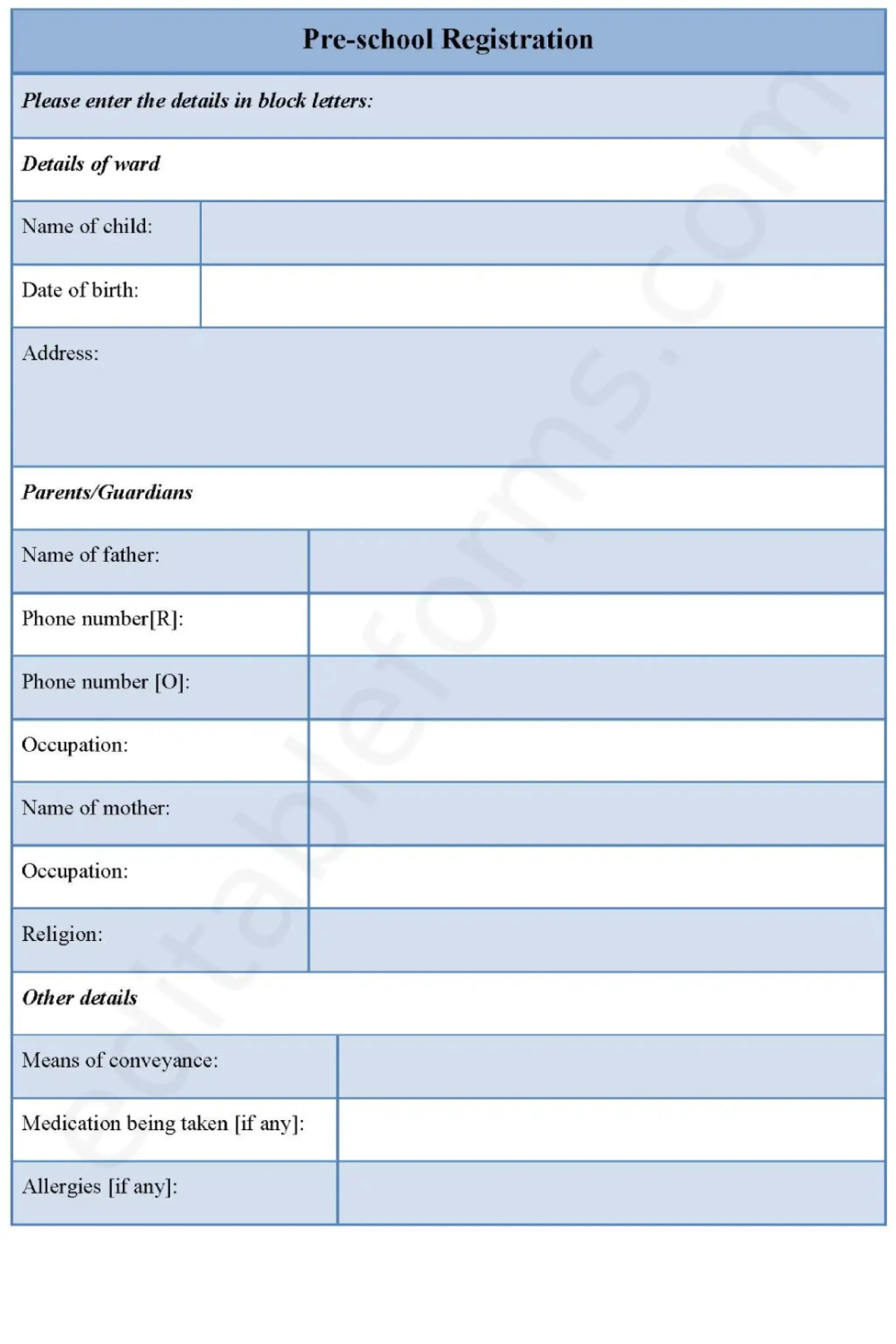 Pre-School Registration Fillable PDF Form Template | PDF | Daycare and ...