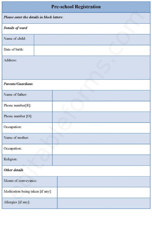 Pre-School Registration Fillable PDF Form Template | PDF | Daycare and ...