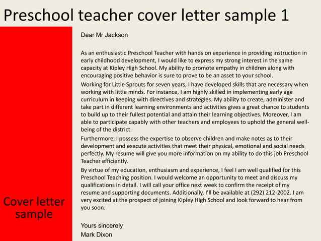 Preschool teacher cover letter | PPT
