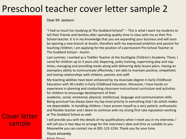 Preschool teacher cover letter | PPT