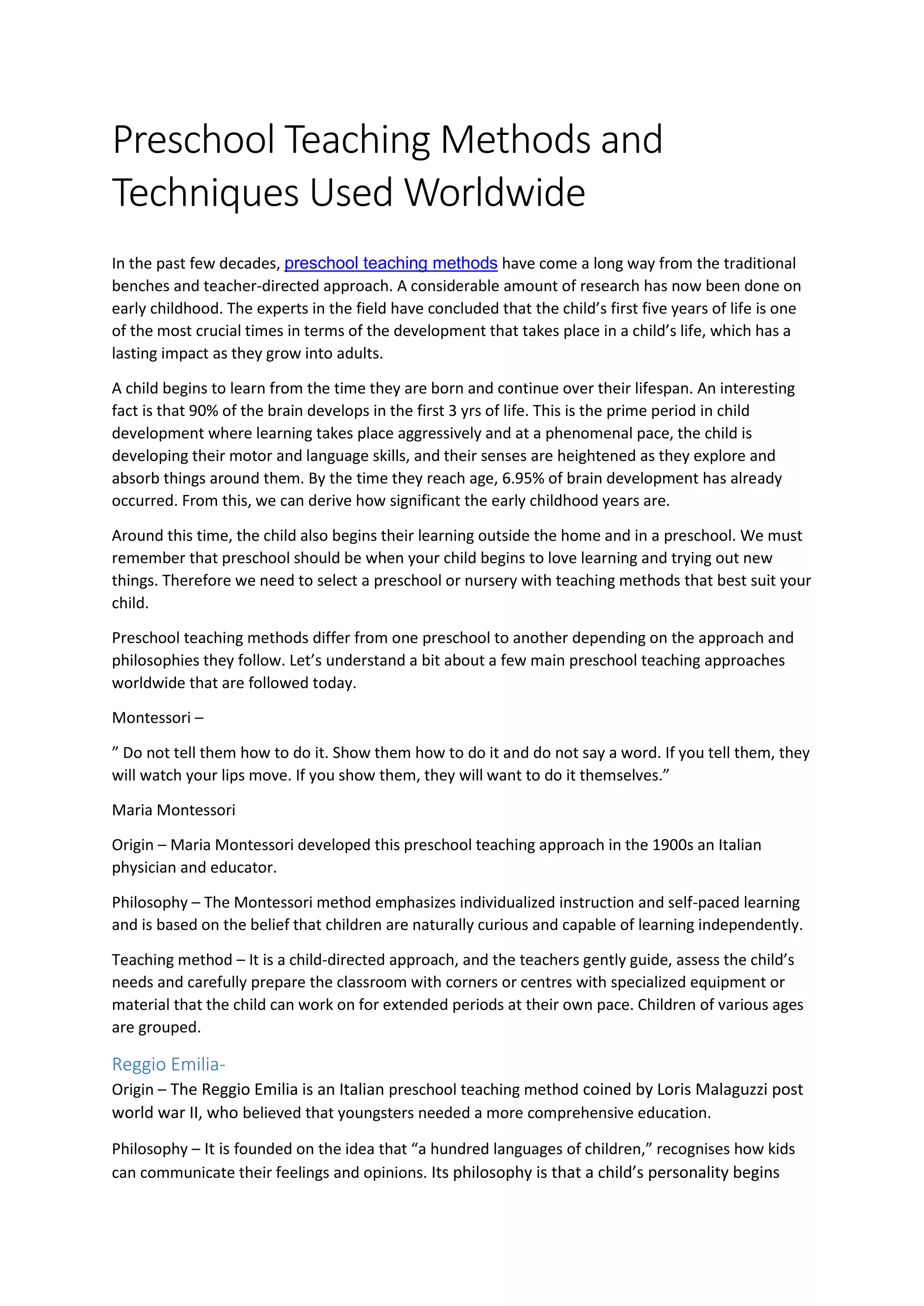 Preschool Teaching Methods and Techniques Used Worldwide | DOCX