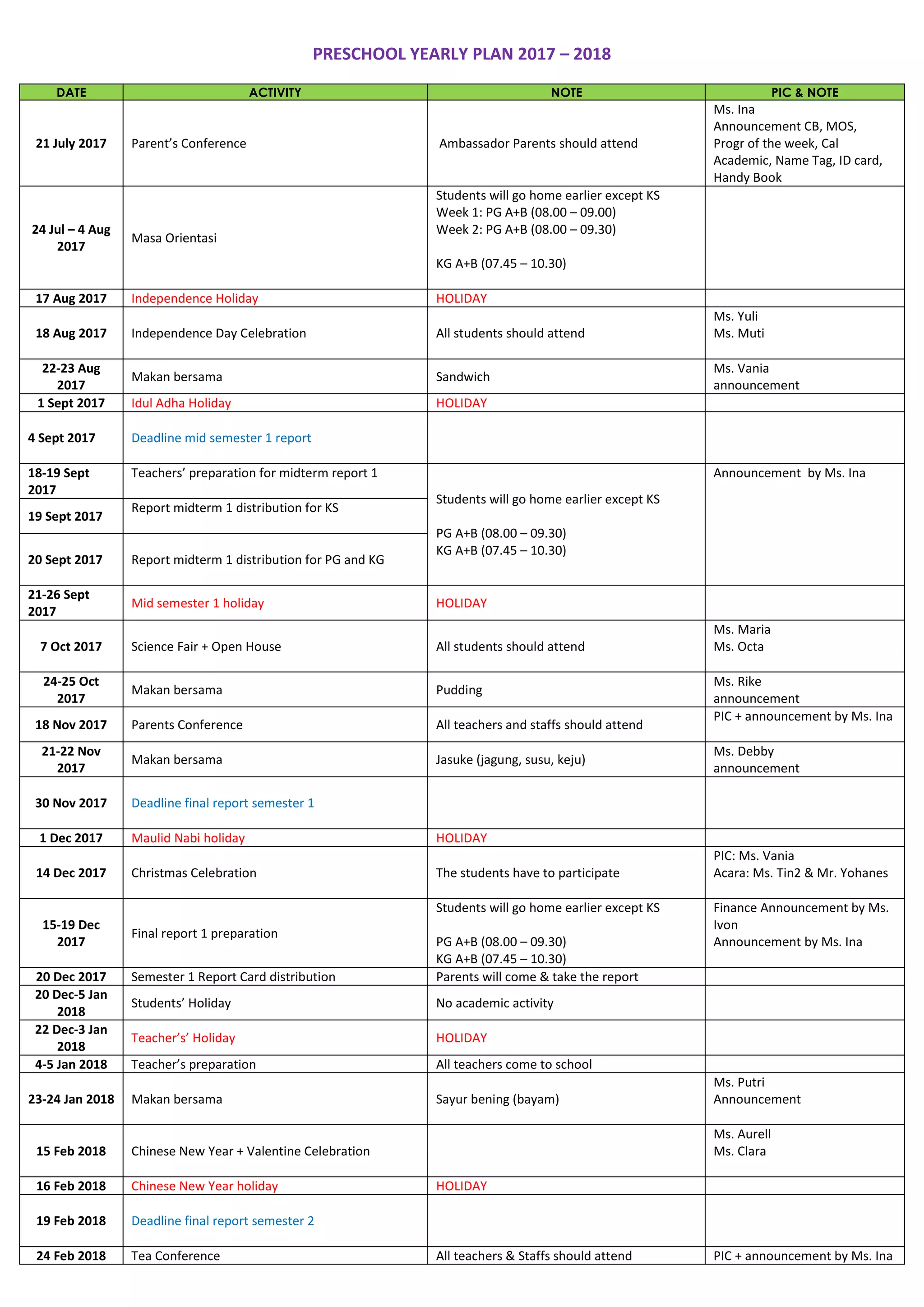 Preschool yearly plan 2017 2018 | PDF