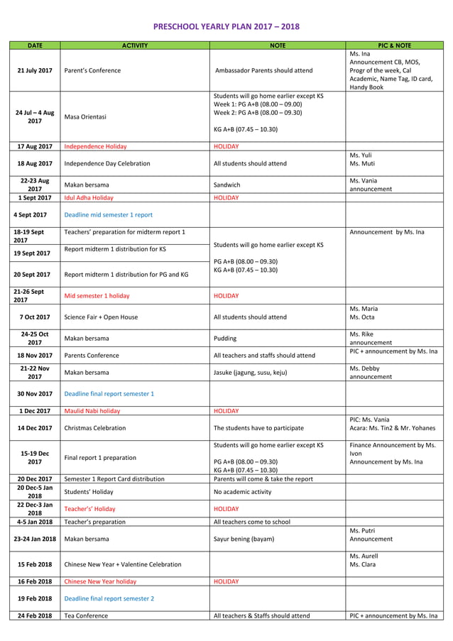 Preschool yearly plan 2017 2018 | PDF
