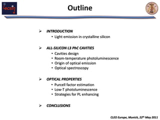 Photoluminescence spectroscopy of silicon photonic crystal nanocavities | PPTX | Chemistry | Science