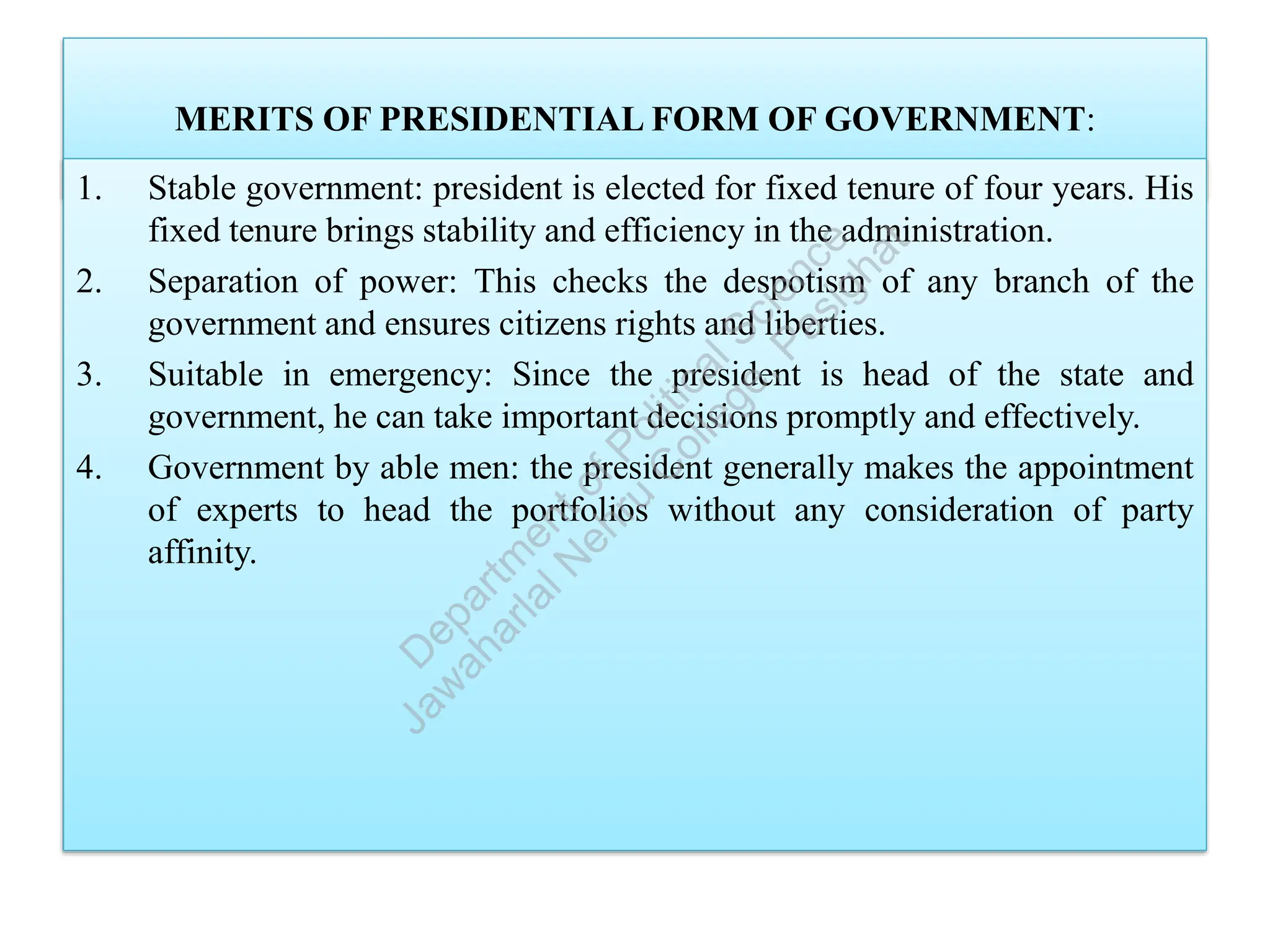 Comparative Politics : Parliamentary V/S presidential forms of Govts ...