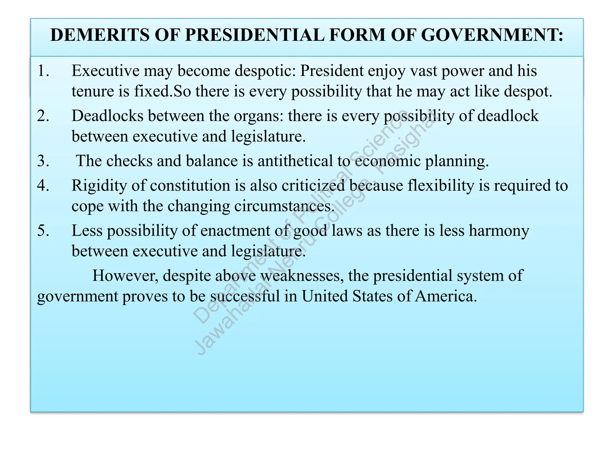 Comparative Politics : Parliamentary V/S presidential forms of Govts ...