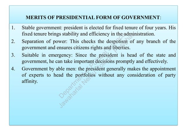 Comparative Politics : Parliamentary V/S presidential forms of Govts ...