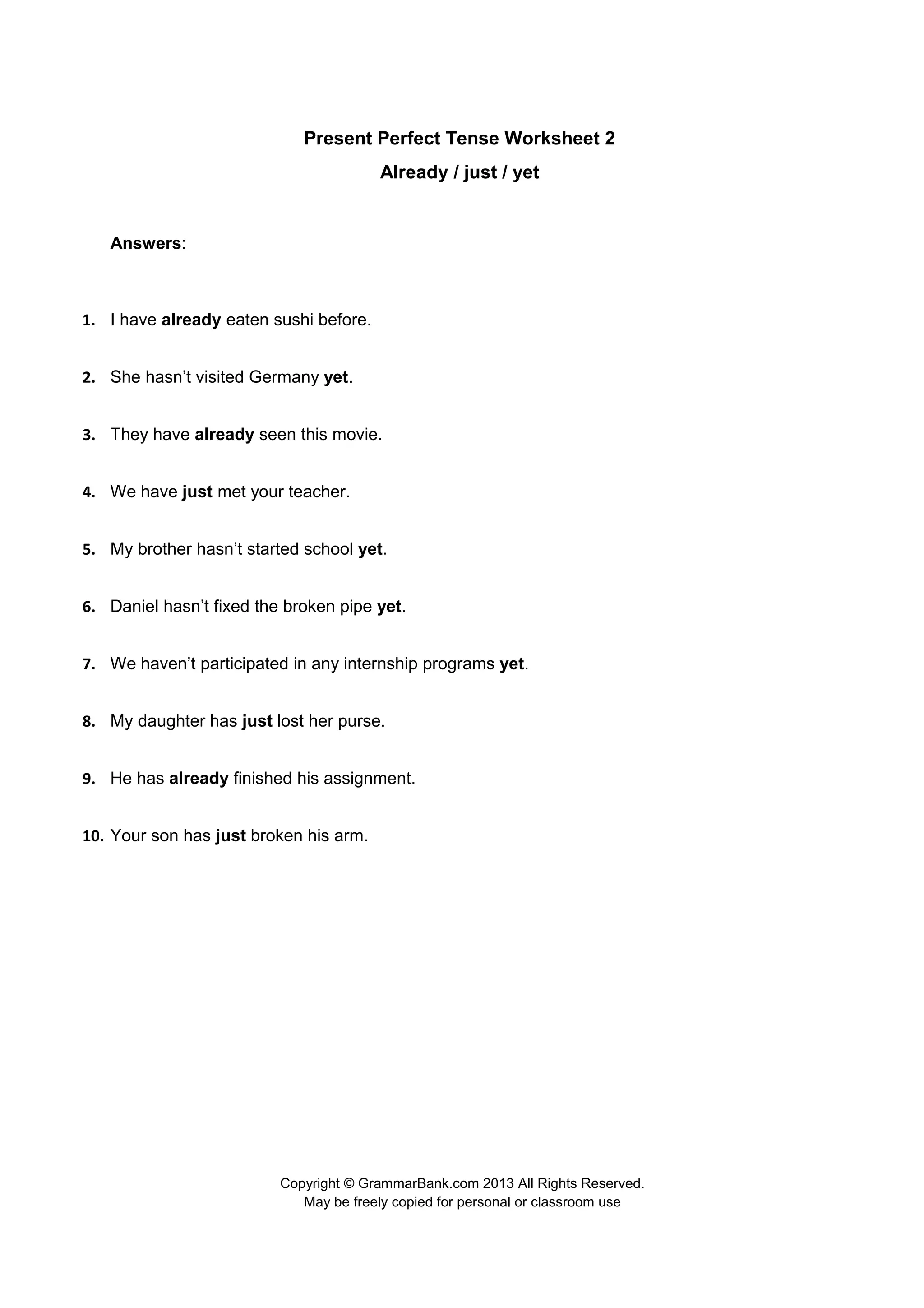 Present perfect-tense-already-just-yet | PDF