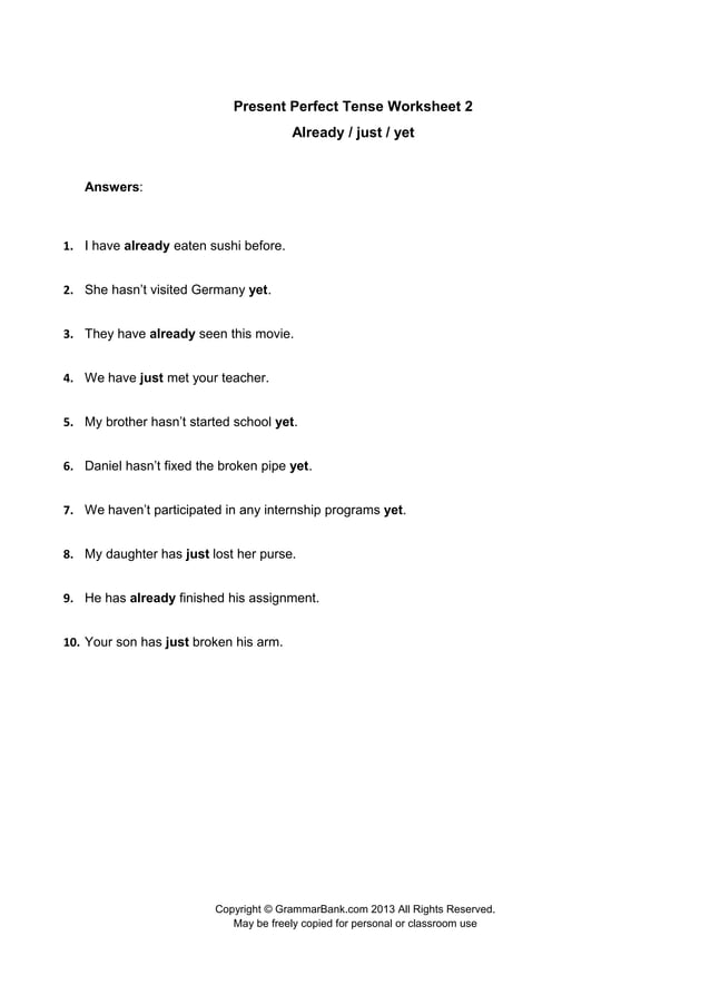Present perfect-tense-already-just-yet | PDF | Homework and Study ...