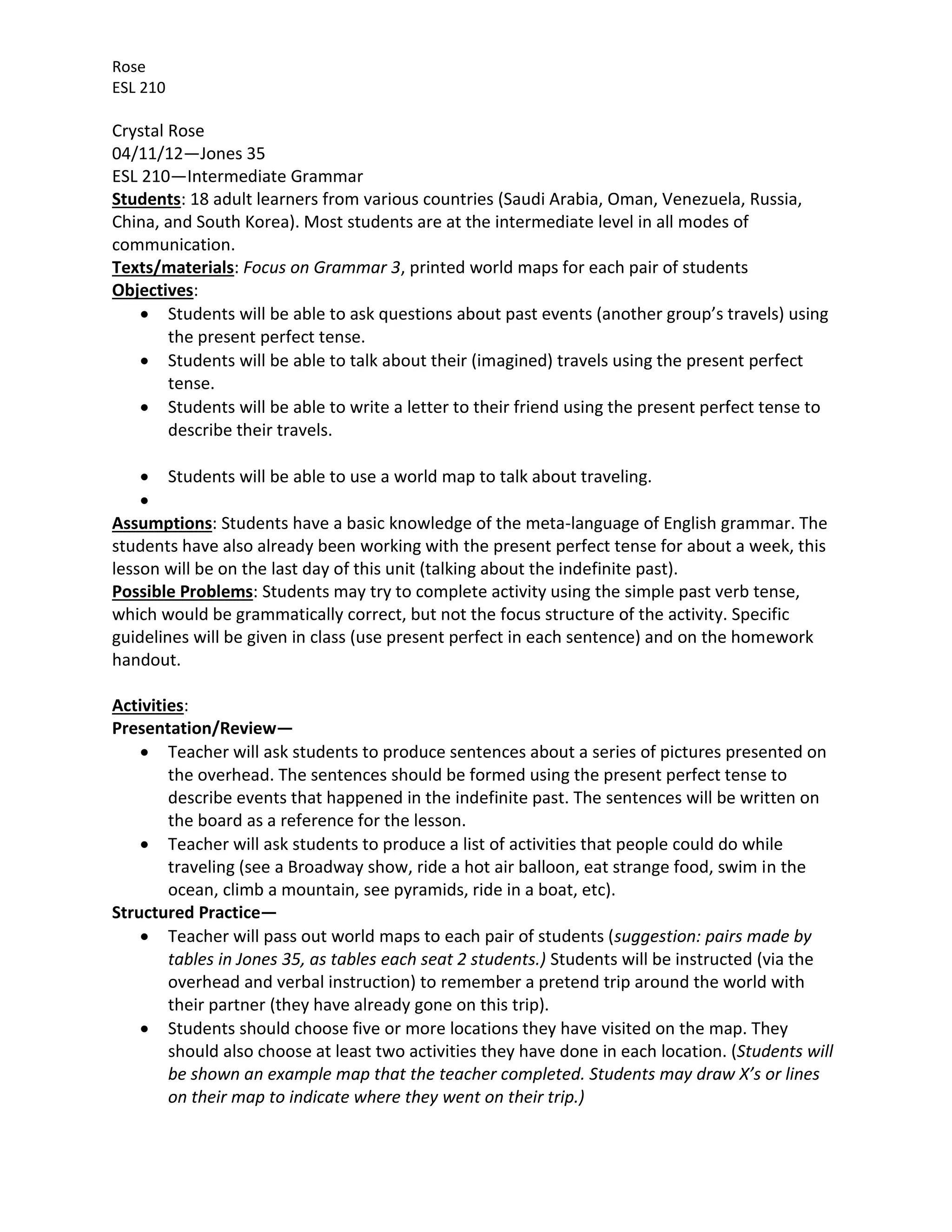Present perfect-travel-activity-lesson | PDF
