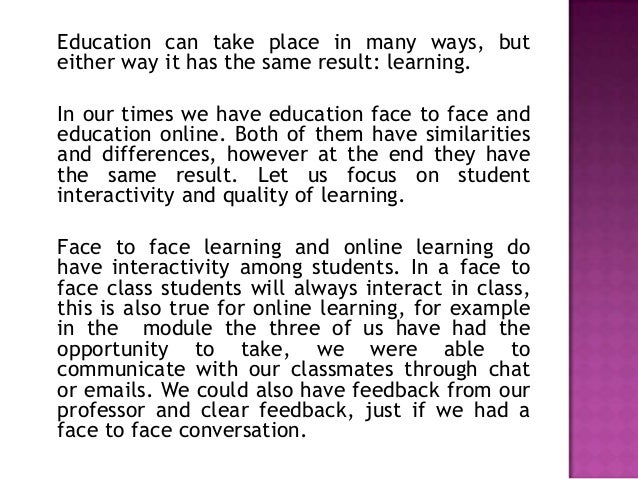Presentación face to face learning vs online learning
