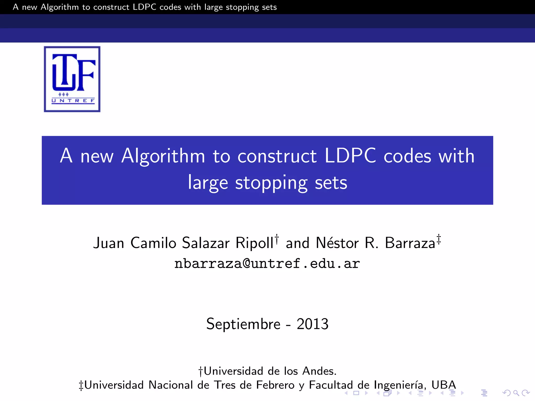 A new Algorithm to construct LDPC codes with large stopping sets | PPT