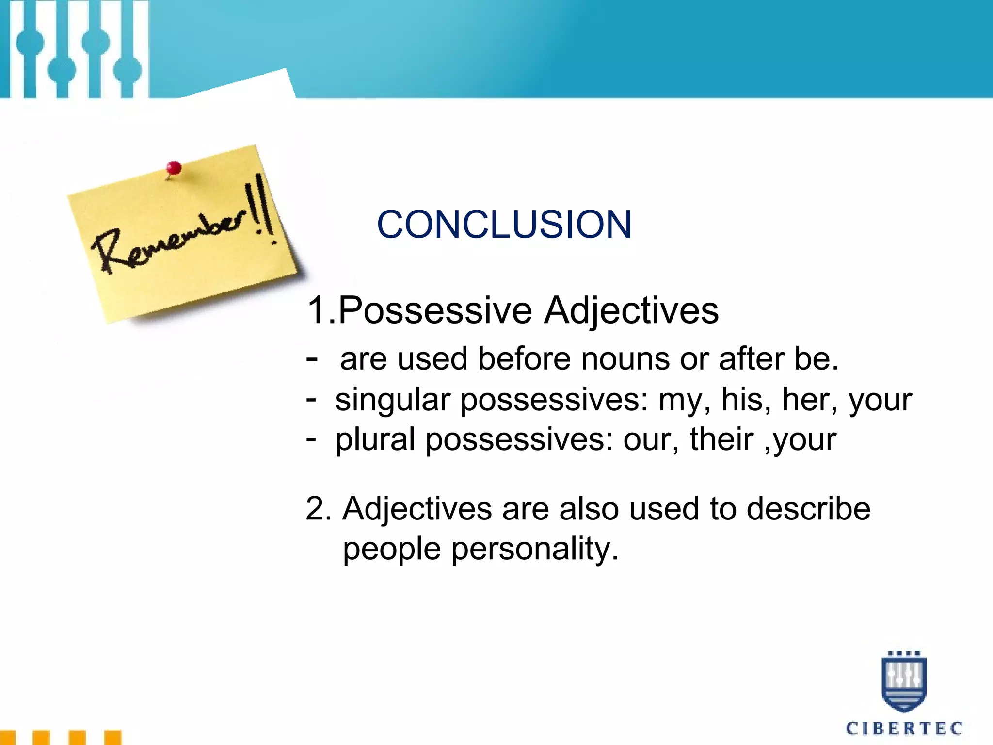 Possessive adjectives and to describe personality | PPT