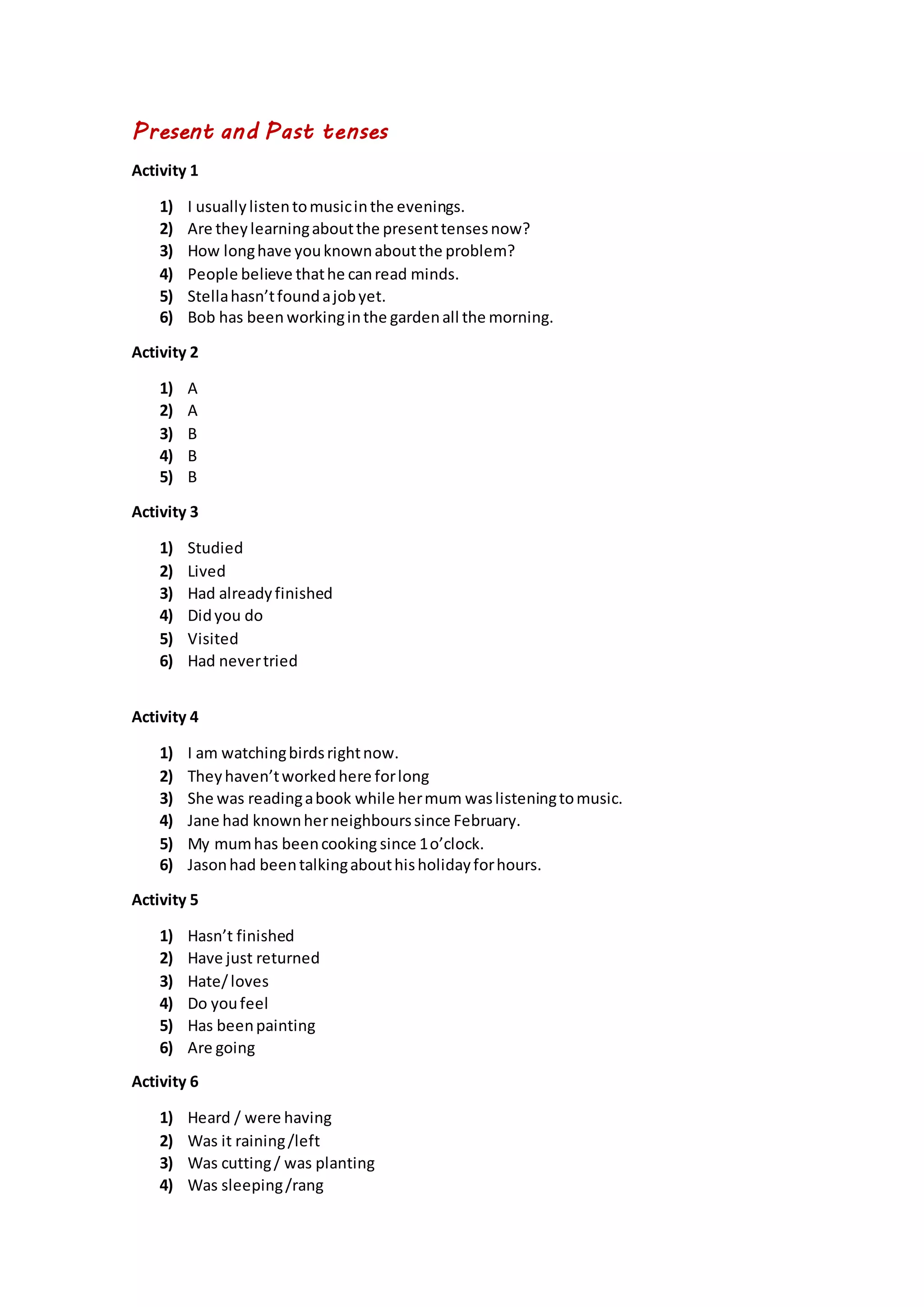 Present and past tenses key answers | PDF