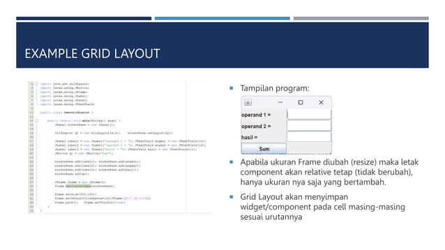Presentasi latihan pemrograman Java GUI menggunakan SWING | PPTX