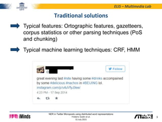 Named Entity Recognition for Twitter Microposts (only) using Distributed Word Representations | PPT