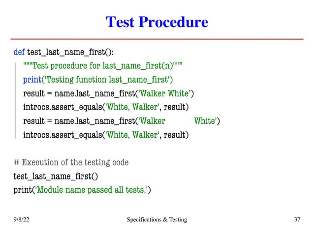 Python Course Lecture Slides Specifications And Testing Ppt