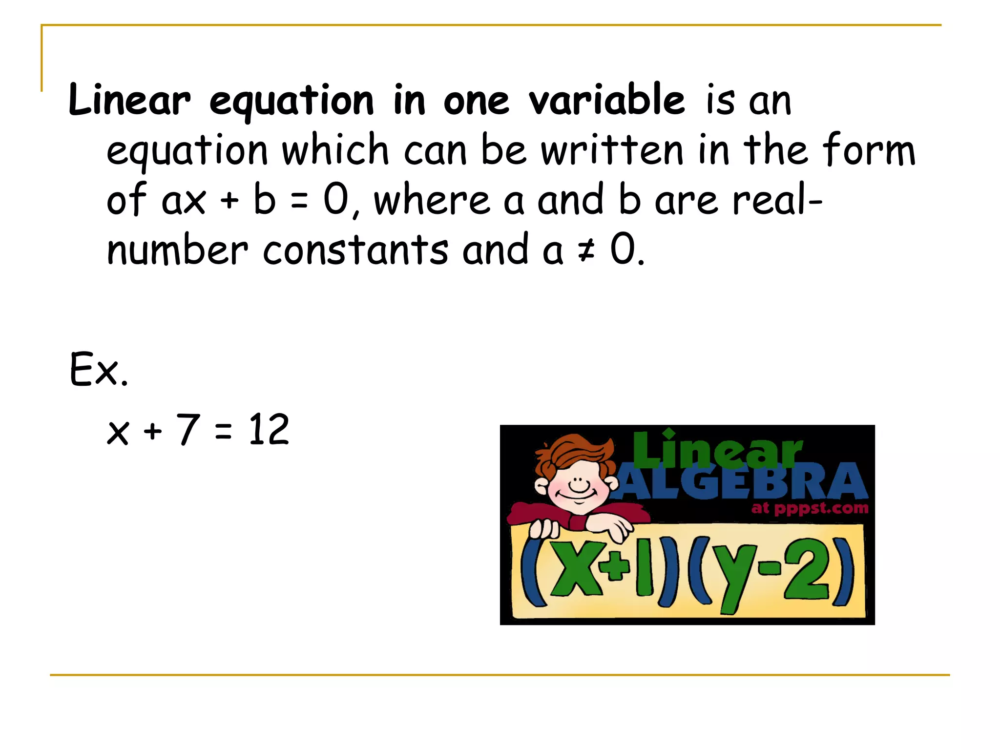 Linear Equations and Inequalities in One Variable | PPT