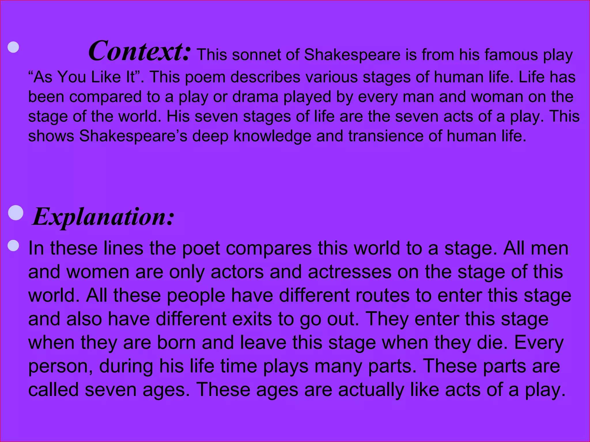 All the world's a stage poem theme, analysis,summary | PPT