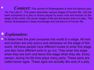 All the world's a stage poem theme, analysis,summary | PPT