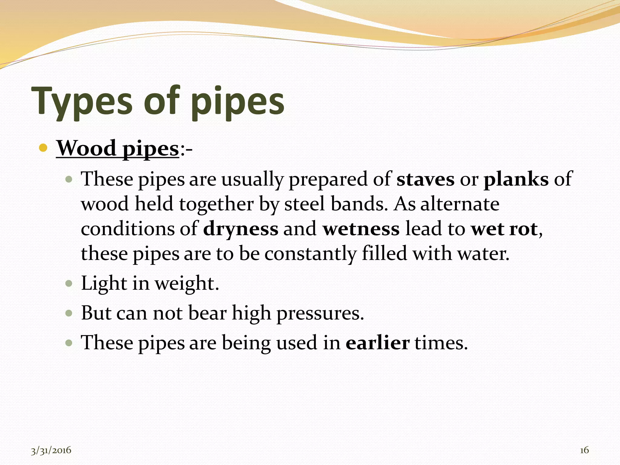 Types of pipes used in water supply | PPTX