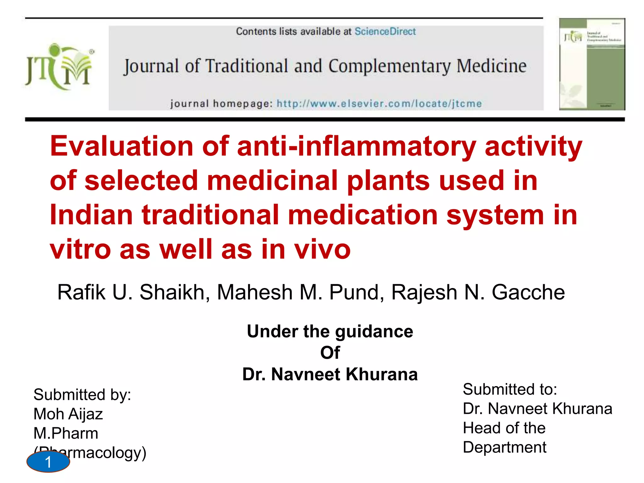 Evaluation of anti-inflammatory activity of selected medicinal plants ...