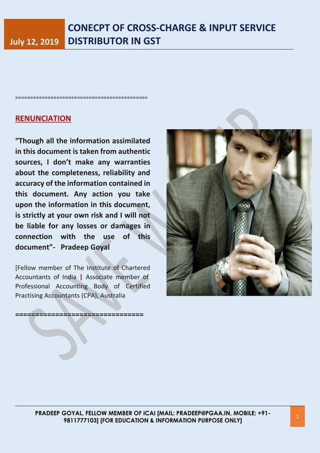 Concept of Cross Charge & Input Service Distributor in GST- My Presentation | PDF