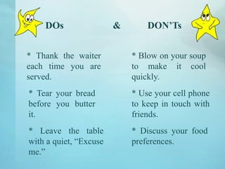 TABLE MANNERS AND DINING ETIQUETTES | PPTX