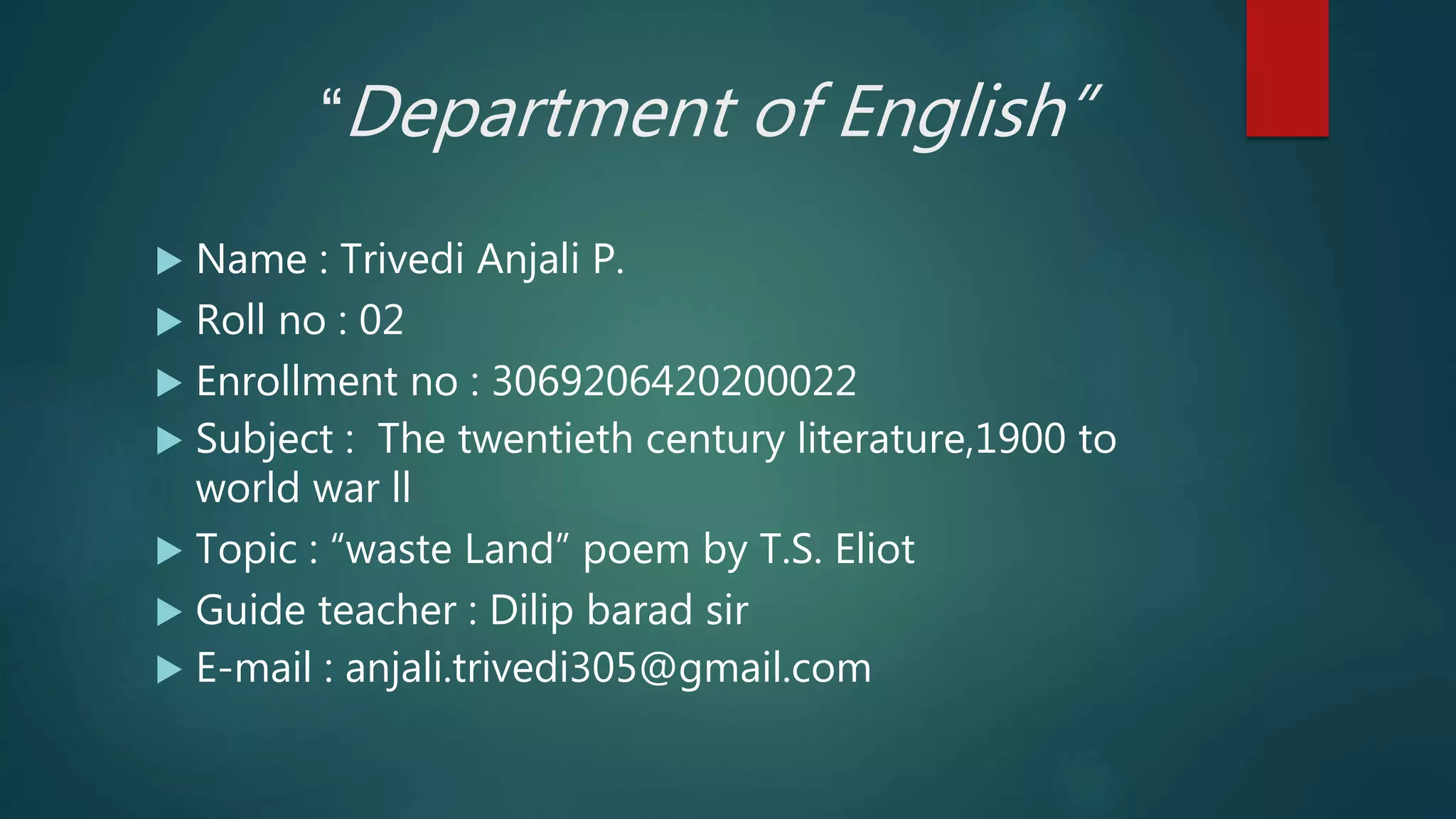 "Waste Land" poem by T.S Eliot | PPT
