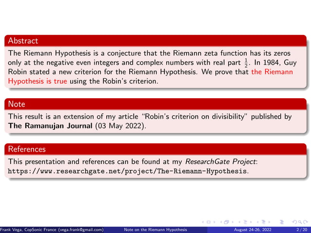 Note on the Riemann Hypothesis | PDF | Physics | Science