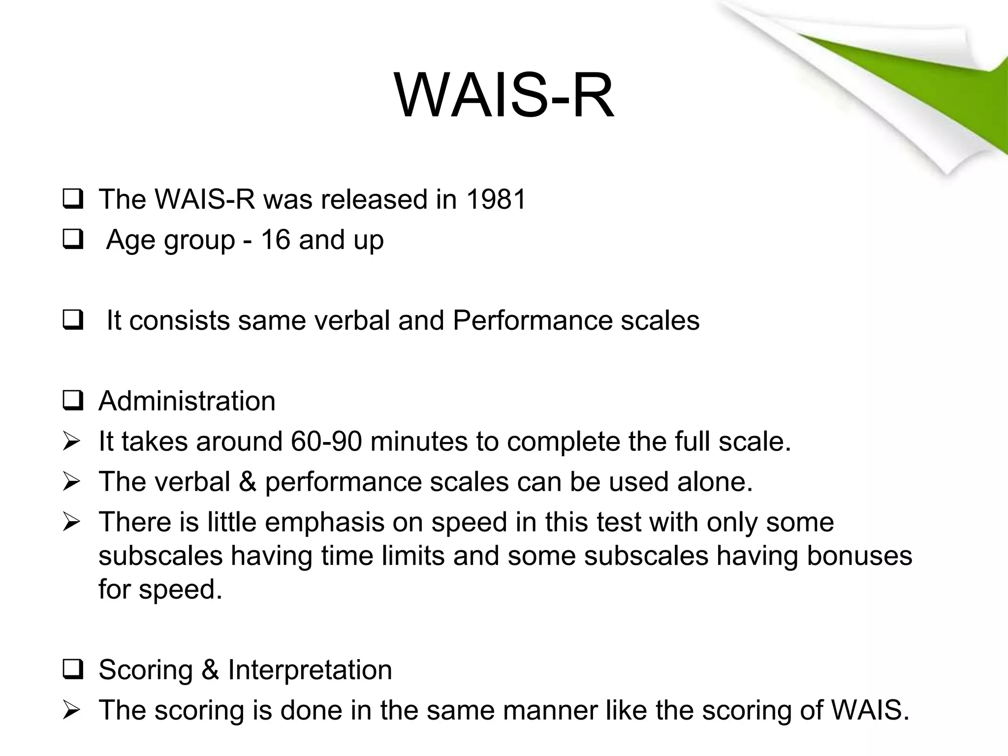 The Wechsler Adult Intelligence Scale (WAIS) | PPT