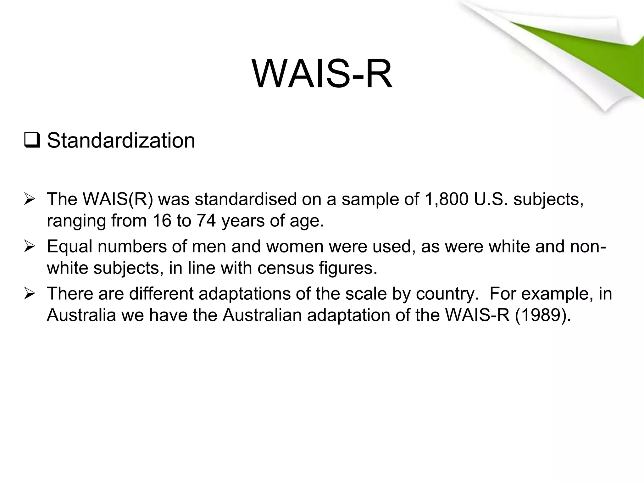 The Wechsler Adult Intelligence Scale (WAIS) | PPT
