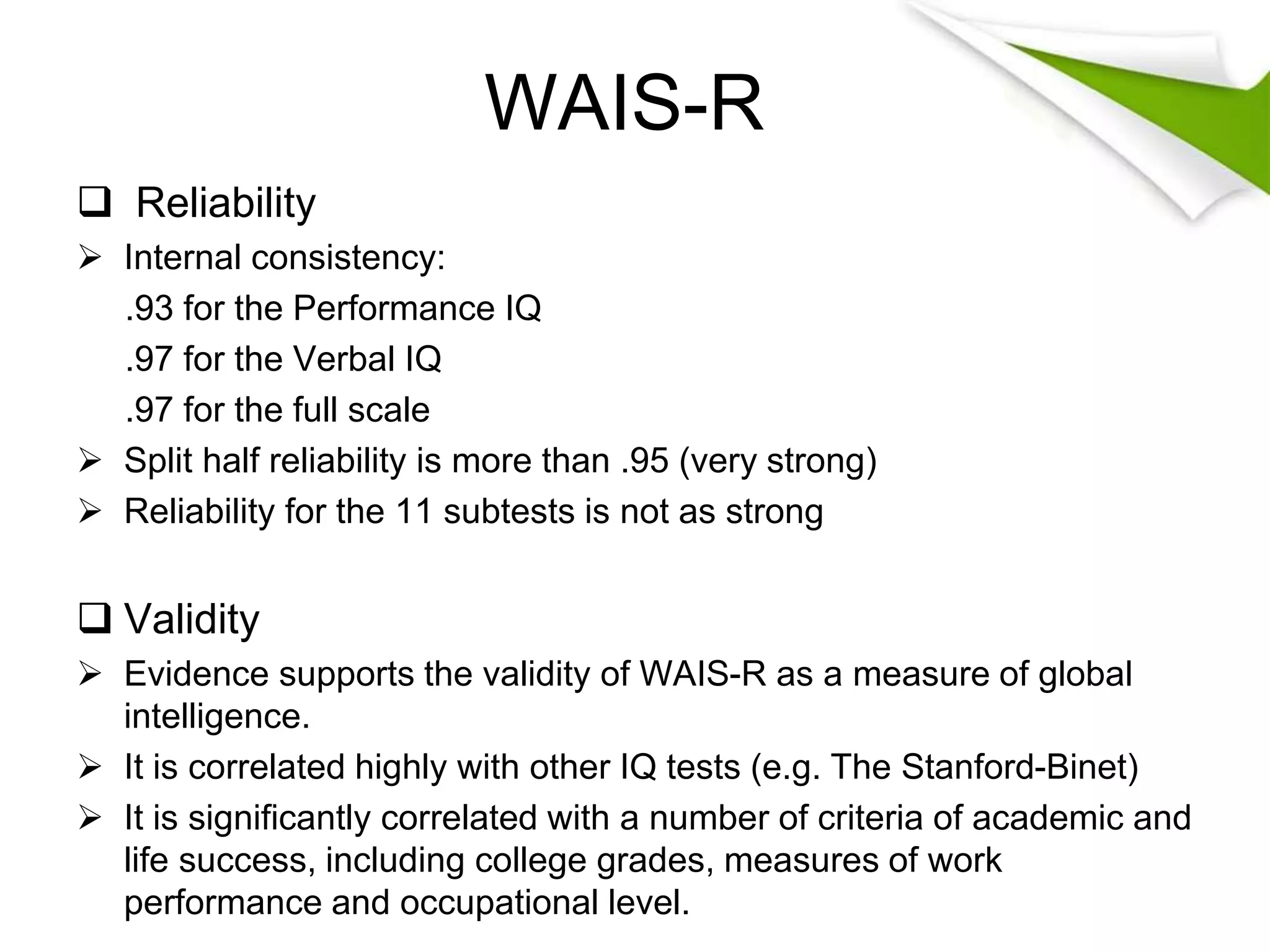 The Wechsler Adult Intelligence Scale (WAIS) | PPT