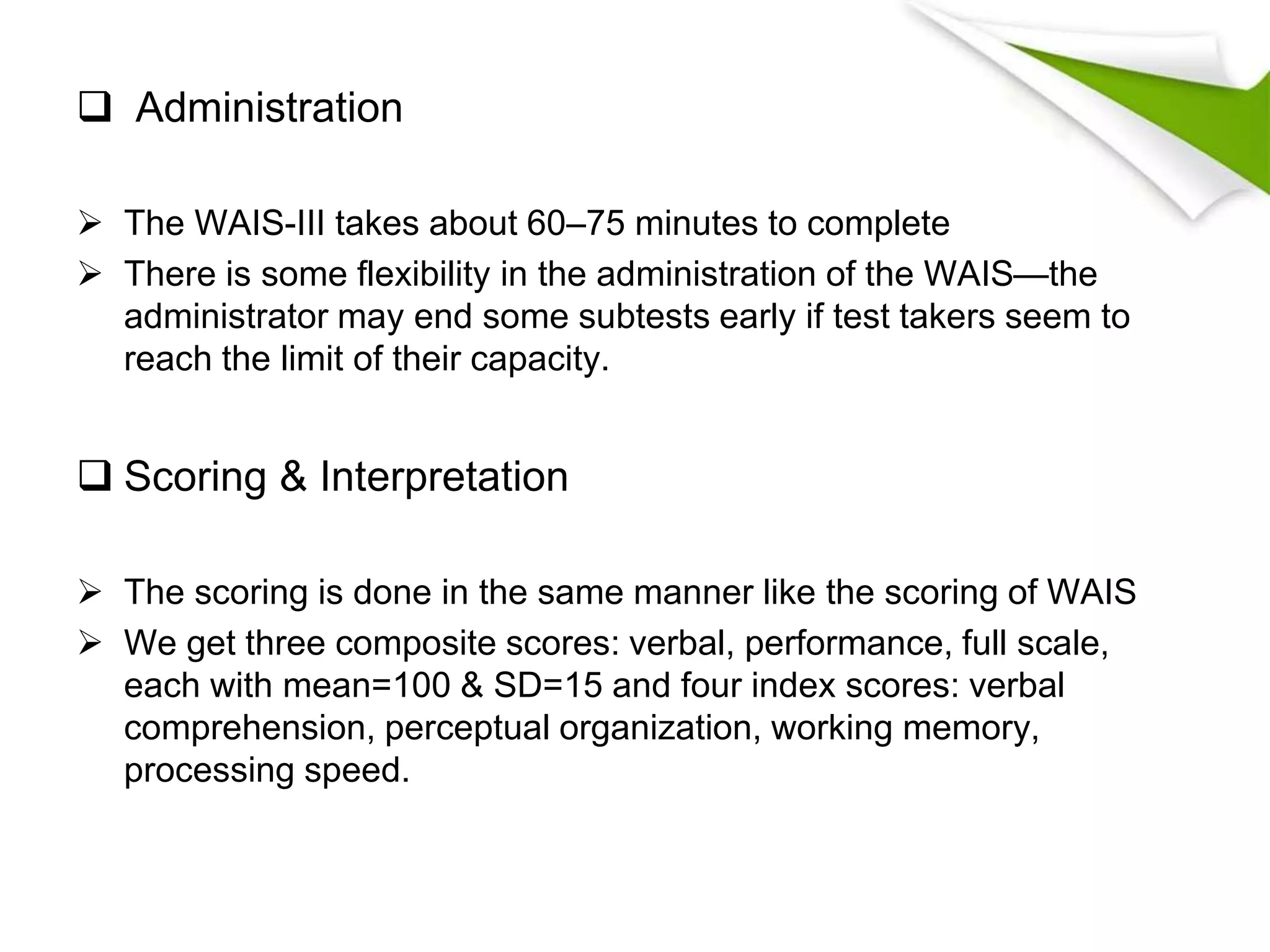 The Wechsler Adult Intelligence Scale (WAIS) | PPT