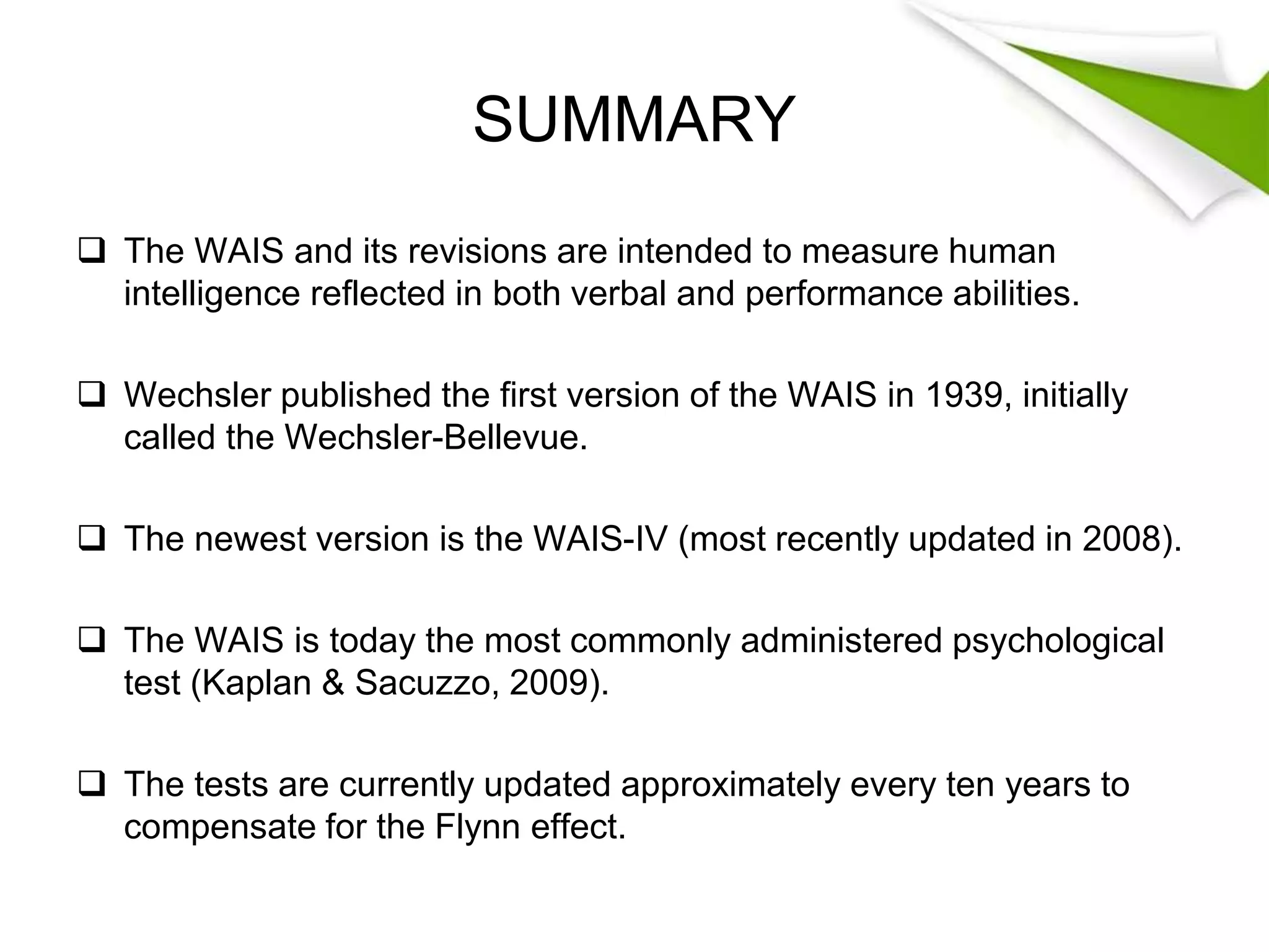 The Wechsler Adult Intelligence Scale (WAIS) | PPT