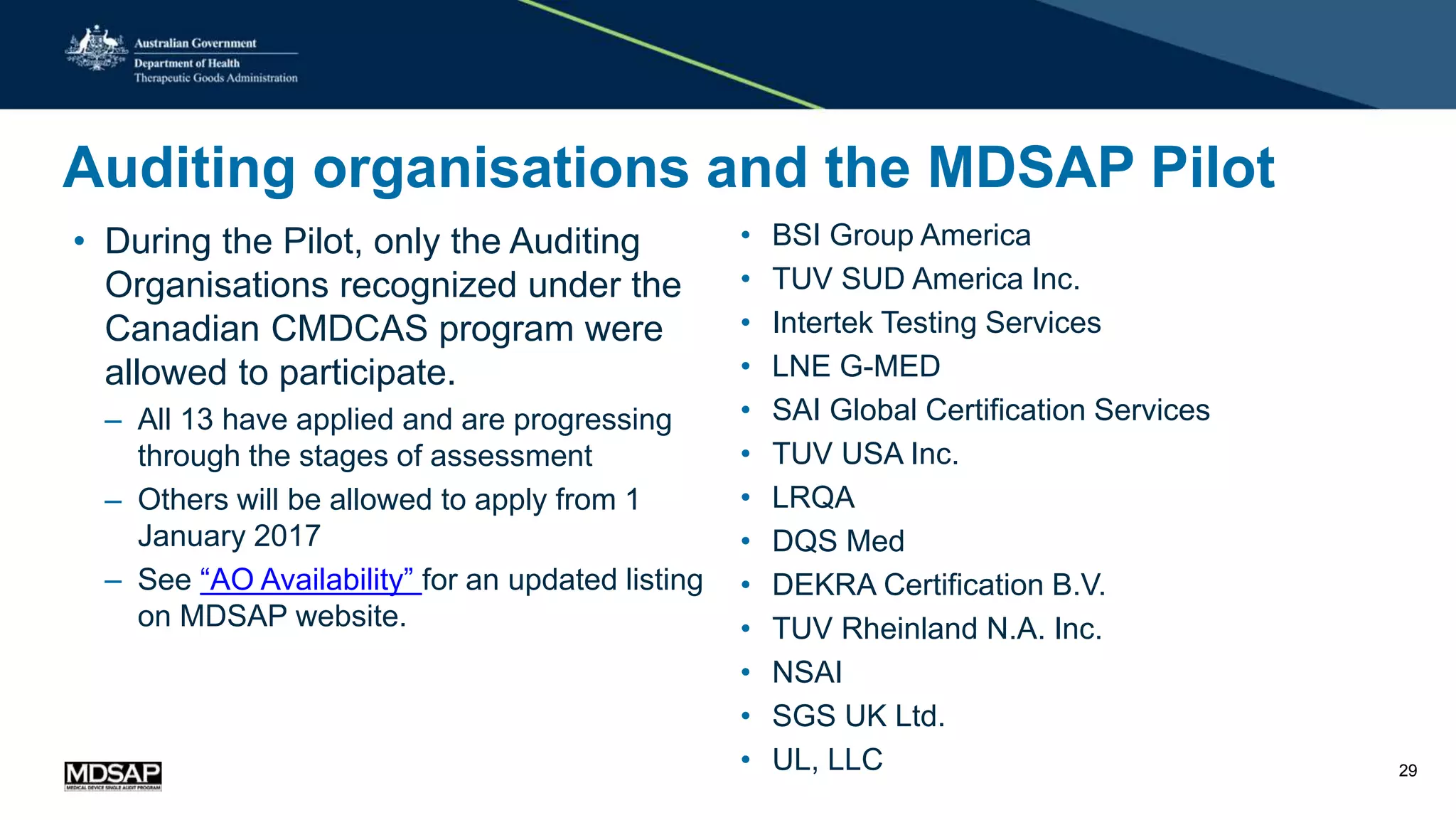 Presentation: Medical Devices Single Audit Program (MDSAP) Pilot Program | PPTX