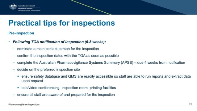 TGA Presentation: Pharmacovigilance inspections | PPTX | Pharmaceutical ...