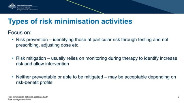 Risk minimisation activities associated with risk management plans | PPT