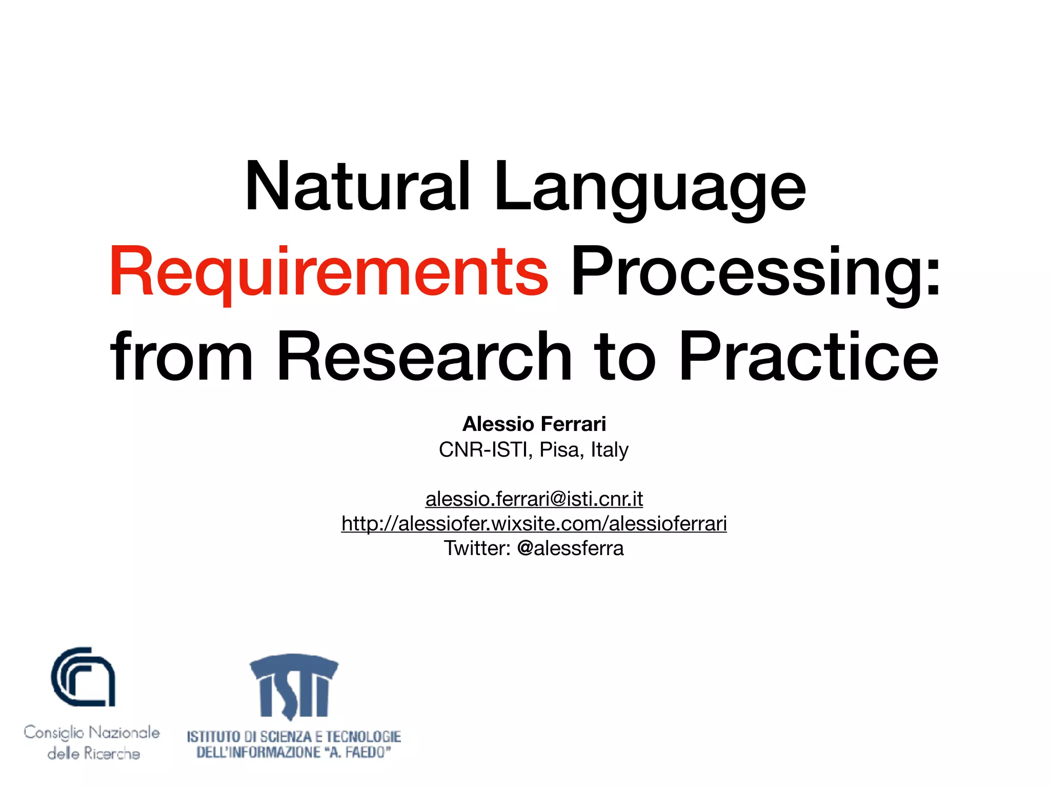 Natural Language Processing (NLP) for Requirements Engineering (RE): an ...
