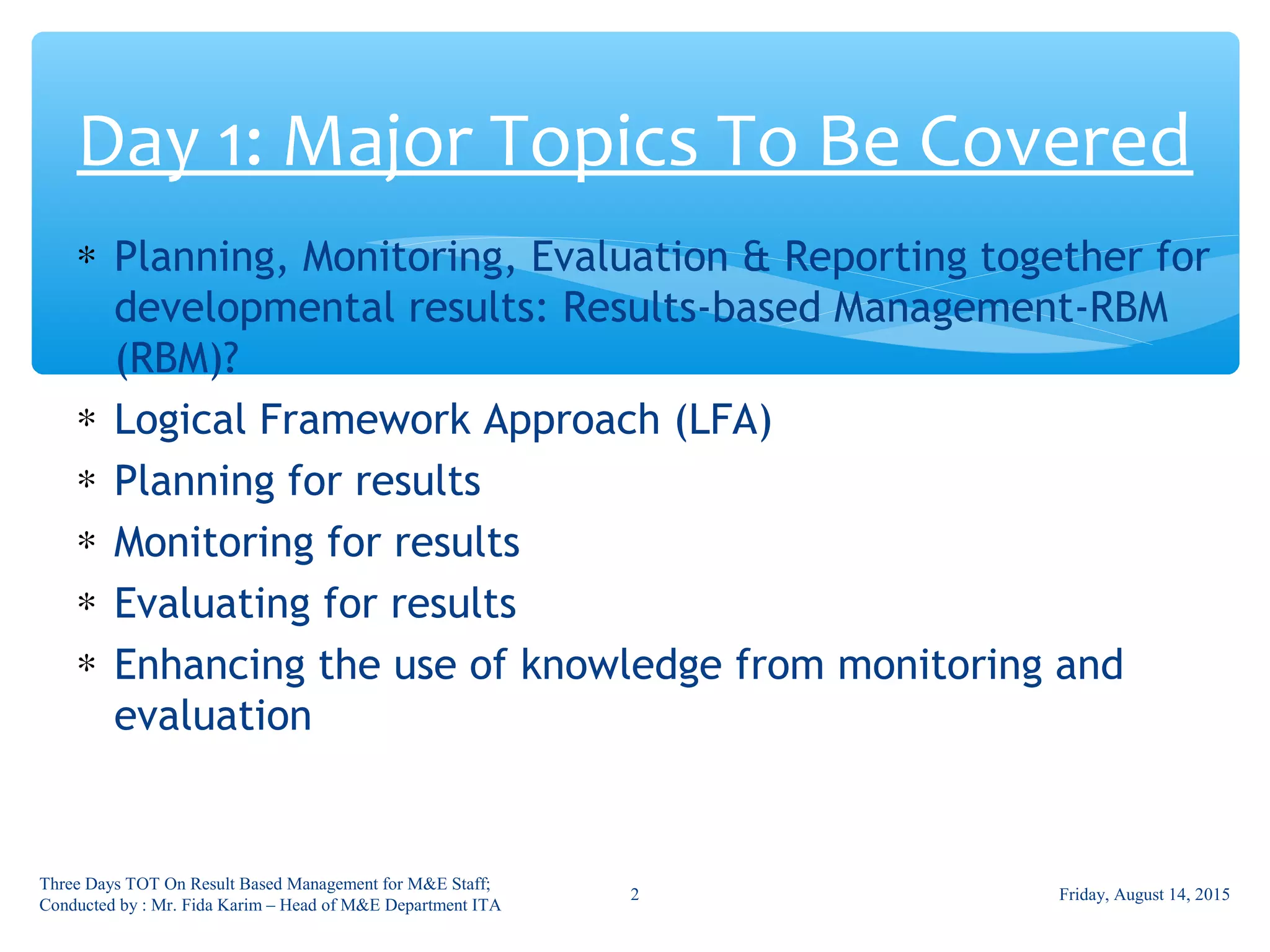 Presentation Training on Result Based Management (RBM) for M&E Staff | PPT