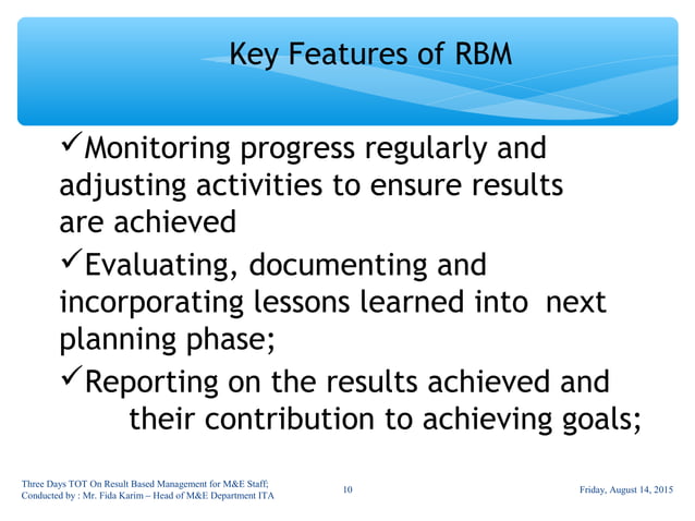 Presentation Training on Result Based Management (RBM) for M&E Staff | PPT