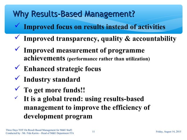Presentation Training on Result Based Management (RBM) for M&E Staff | PPT