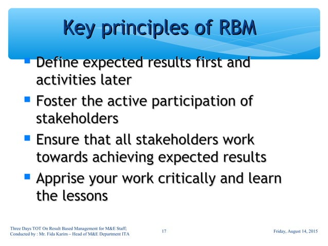 Presentation Training on Result Based Management (RBM) for M&E Staff | PPT