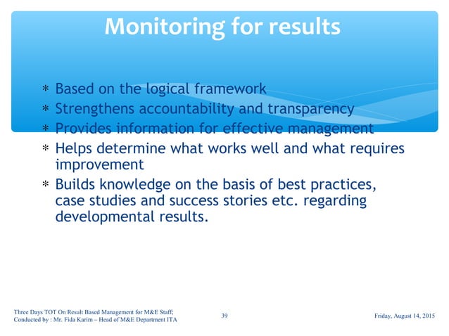 Presentation Training on Result Based Management (RBM) for M&E Staff | PPT