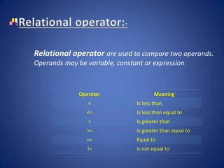 operators and control statements in c language | PPTX