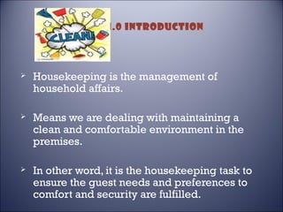 Chapter 1 : Introduction of Housekeeping Department | PPT
