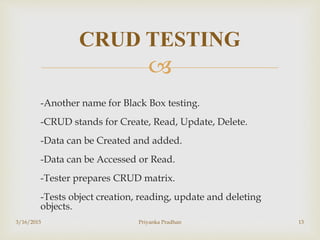 GrayBox Testing and Crud Testing By: Er. Priyanka Pradhan | PPT