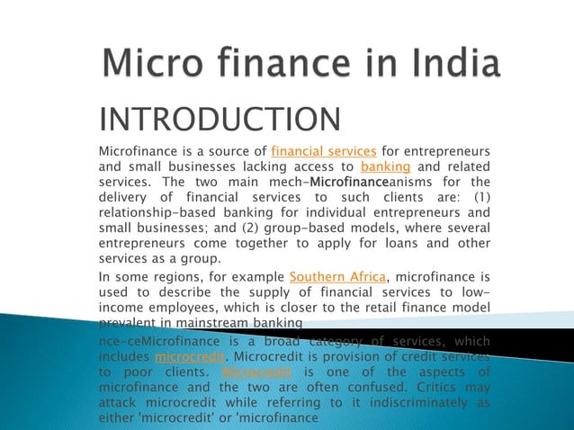 Micro Finance In India | PPTX | Government Support and Welfare ...