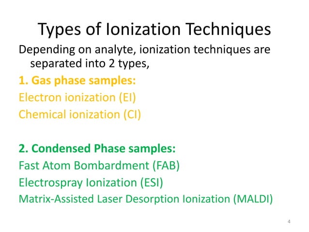Mass Spectrometry Ionization Techniques | PPTX | Chemistry | Science